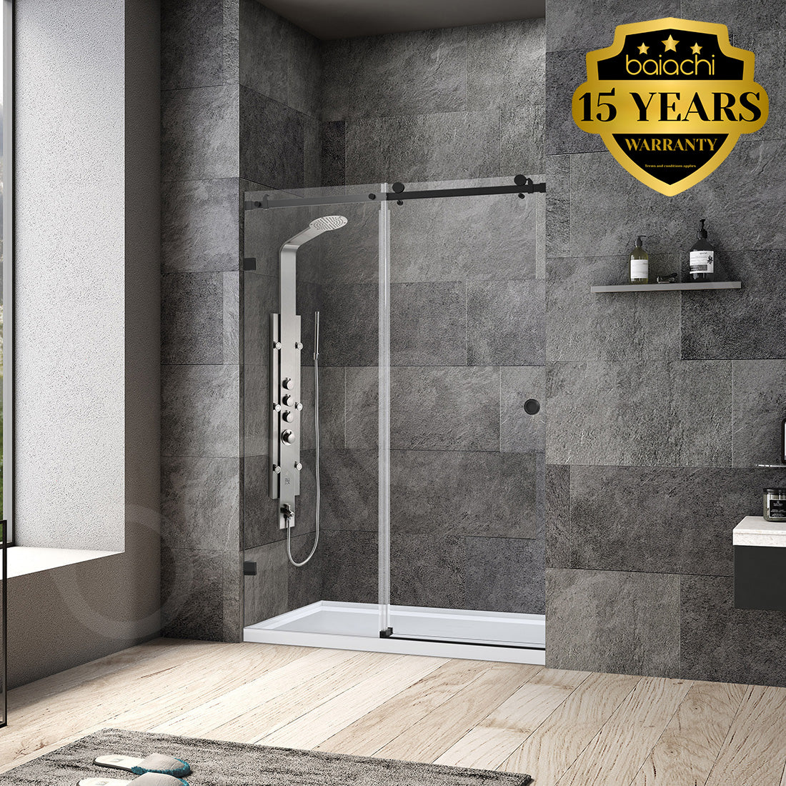 Frameless Wall to Wall Adjustable Sliding Shower Screen 1700x2000mm Ma ...